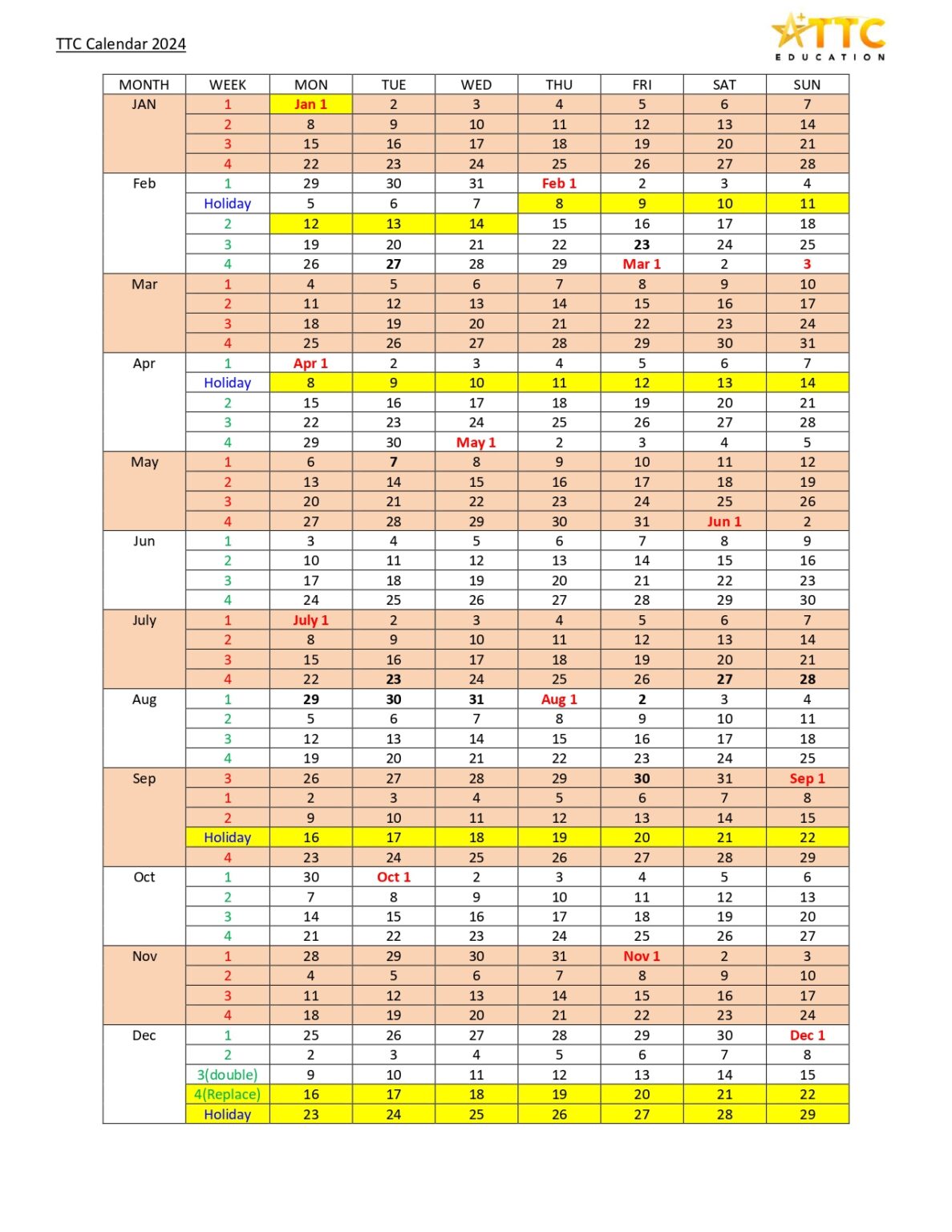 TTC CALENDAR | TTC EDUCATION